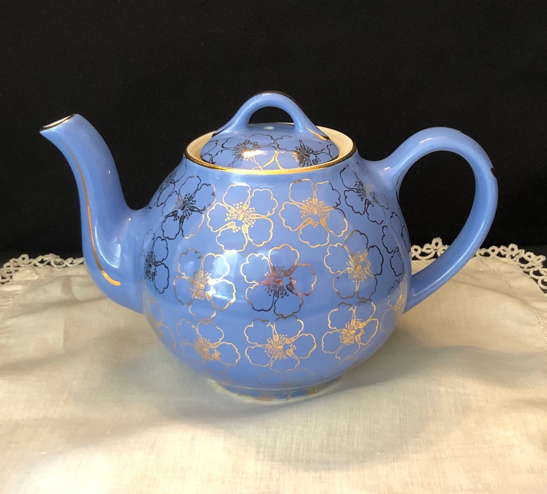 Hall China 6 Cup Teapot 049 Periwinkle Blue With Gold French Floral ...