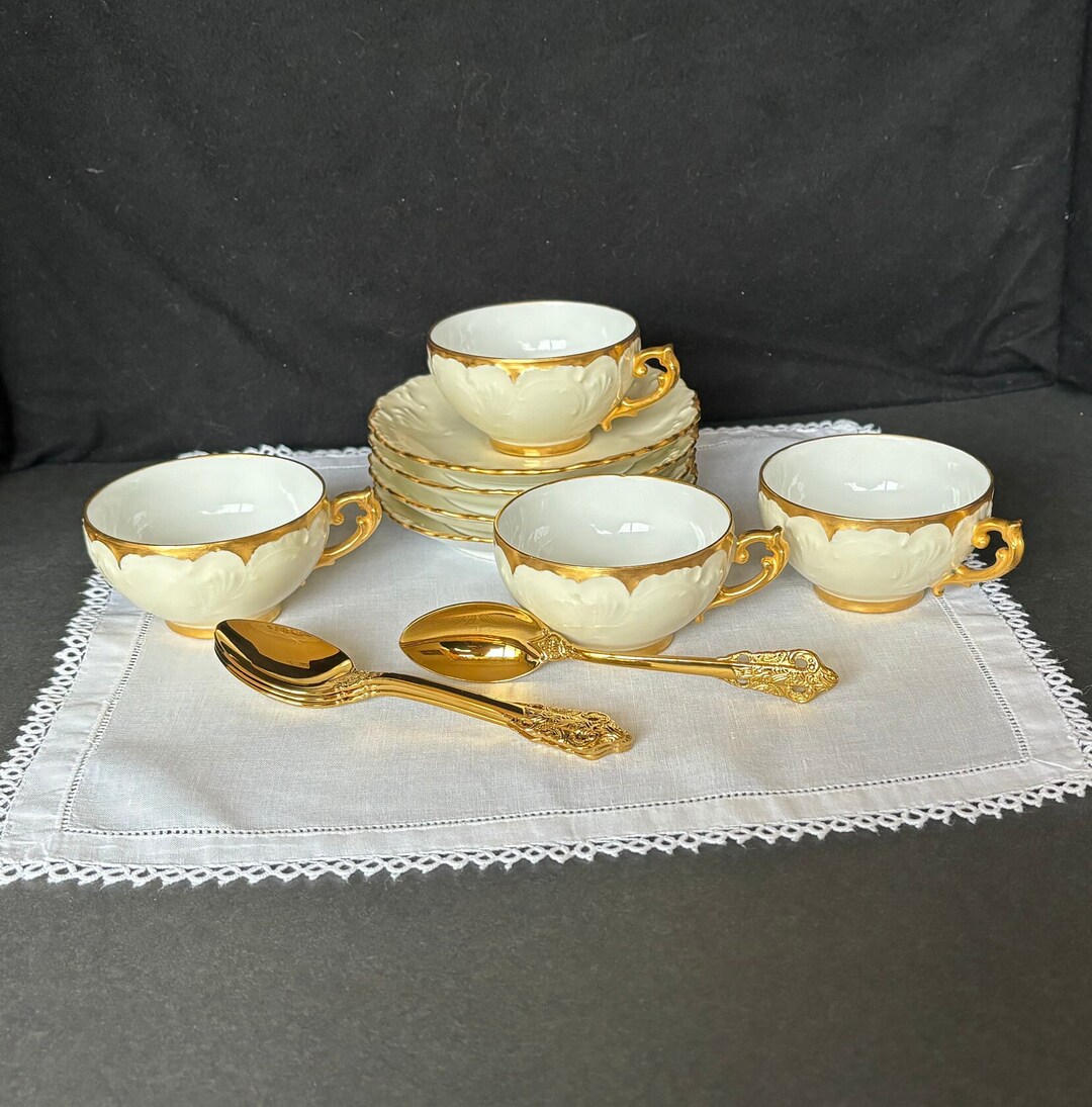 Antique T & V Limoges Hand Painted Ivory and Gold Demitasse Set W/ 4 ...