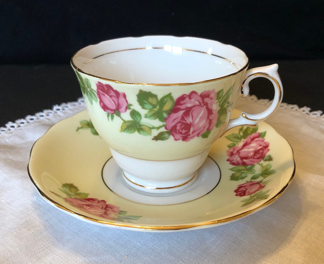 Colclough Bone China Tea or Coffee Cup and Saucer; Dark Pink Roses on ...