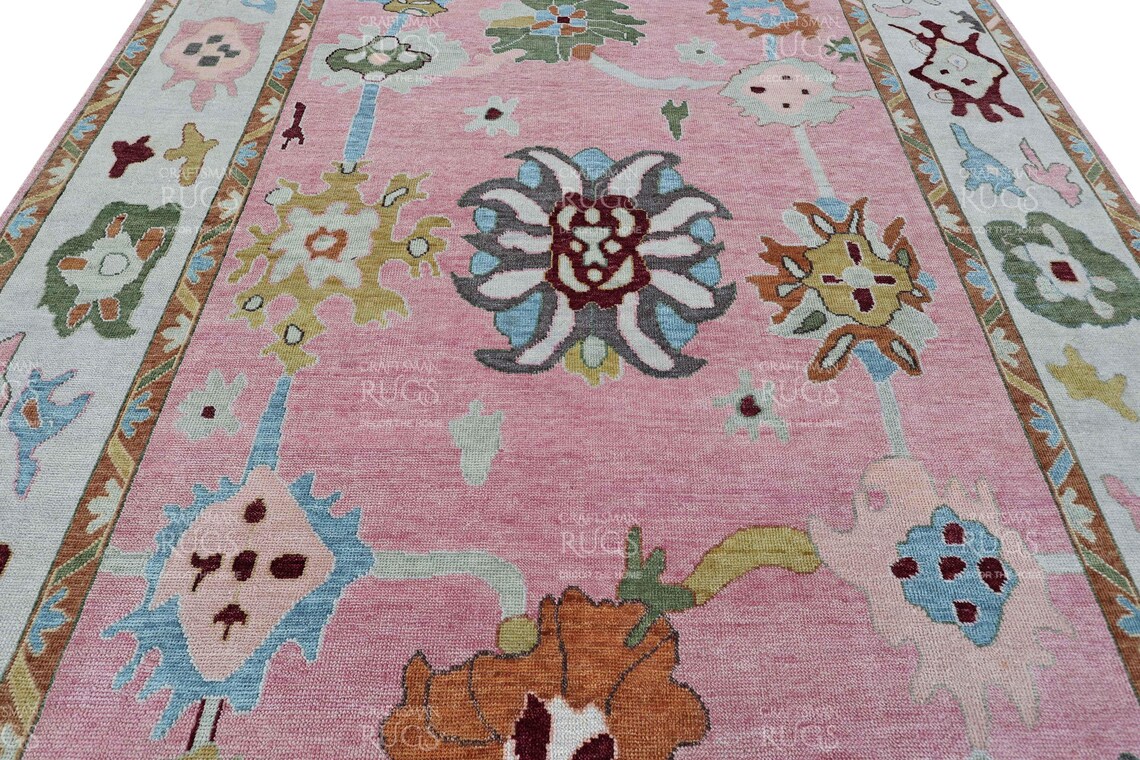 Pink- Ivory Indo Oushak Hand Knotted Rug 4x6, 5x8, 6x9, 8x10, 9x12 ...