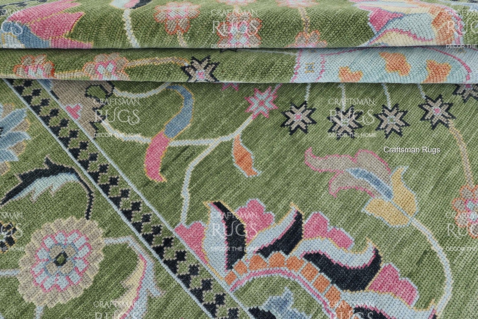 Green Hand-knotted Oushak Rug – Traditional Turkish Style Wool Carpet ...