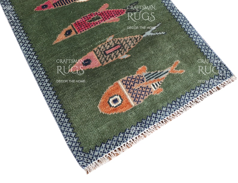 Handknotted Fish Design Runner Rug - Blue - Green Color Contemporary ...