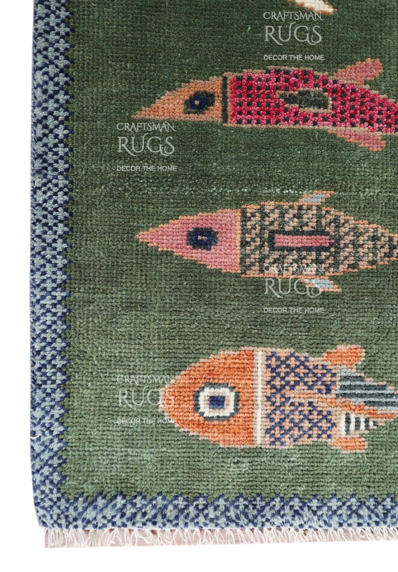 Handknotted Fish Design Runner Rug - Blue - Green Color Contemporary ...