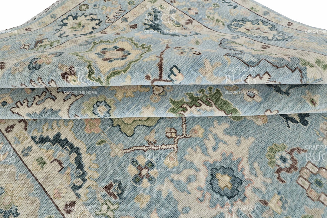 Sky Blue Hand-knotted Oushak Rug – Traditional Turkish Design With ...