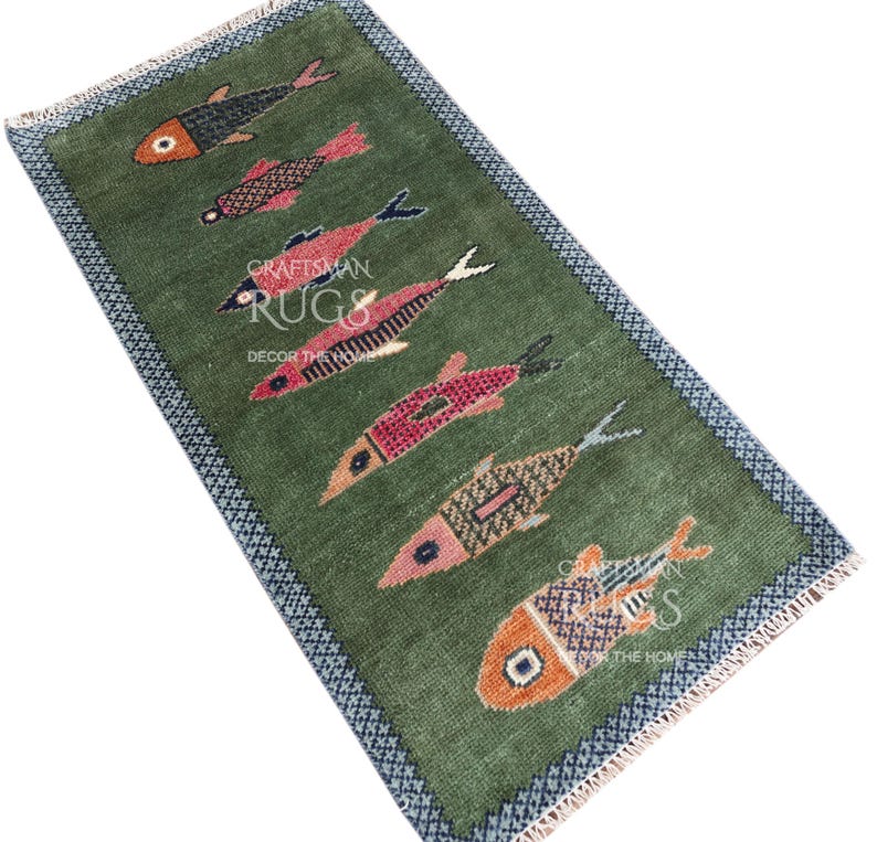 Handknotted Fish Design Runner Rug - Blue - Green Color Contemporary ...
