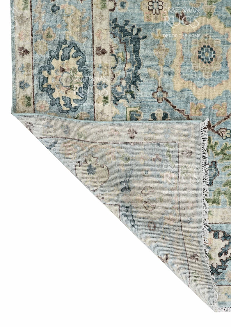 Sky Blue Hand-knotted Oushak Rug – Traditional Turkish Design With ...