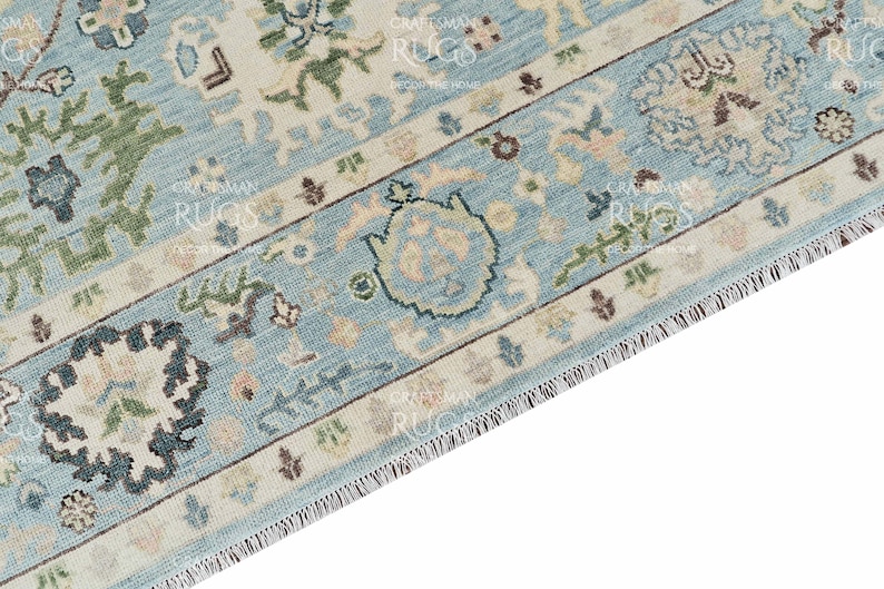 Sky Blue Hand-knotted Oushak Rug – Traditional Turkish Design With ...
