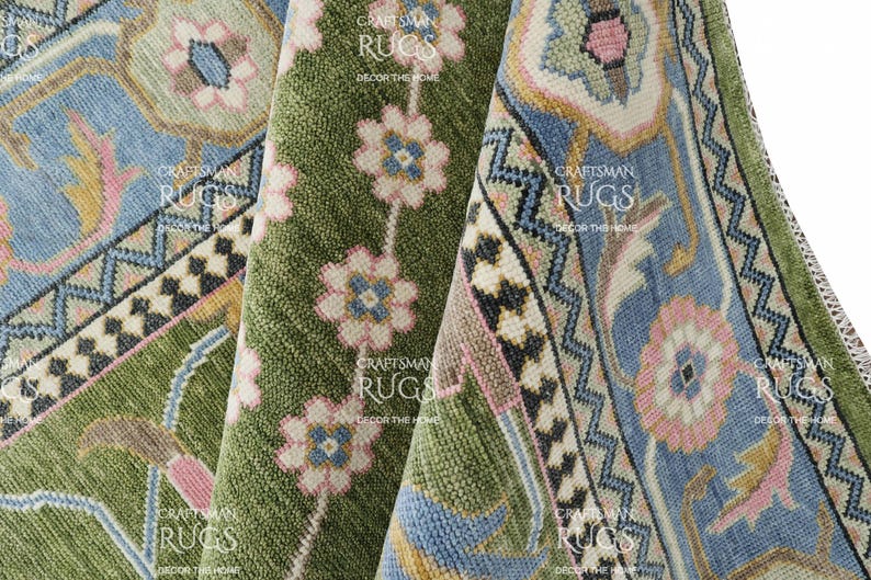 Exquisite Green Oushak Rug | Hand-knotted Wool Area Carpet | Blue Pink ...