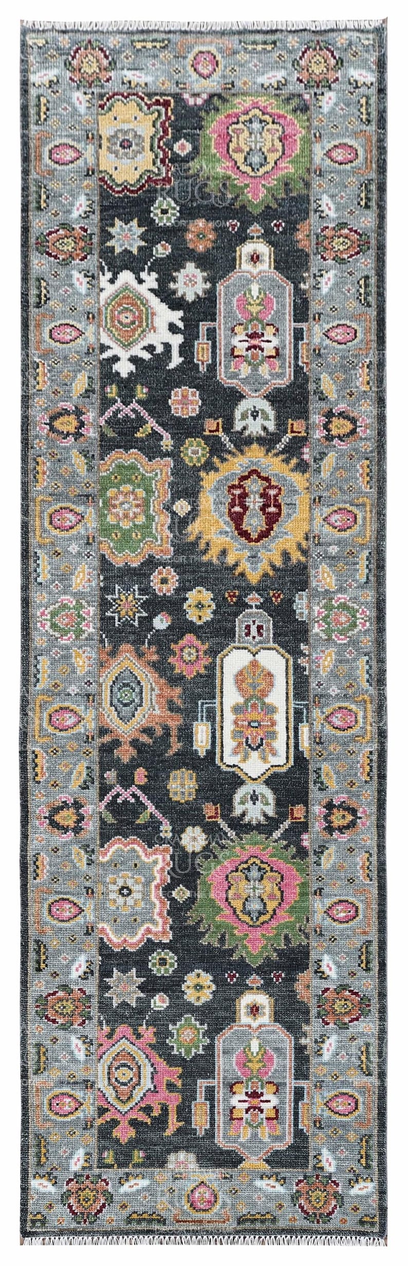 Handknotted Oushak Design Runner Rug - Black- Grey Color Contemporary ...