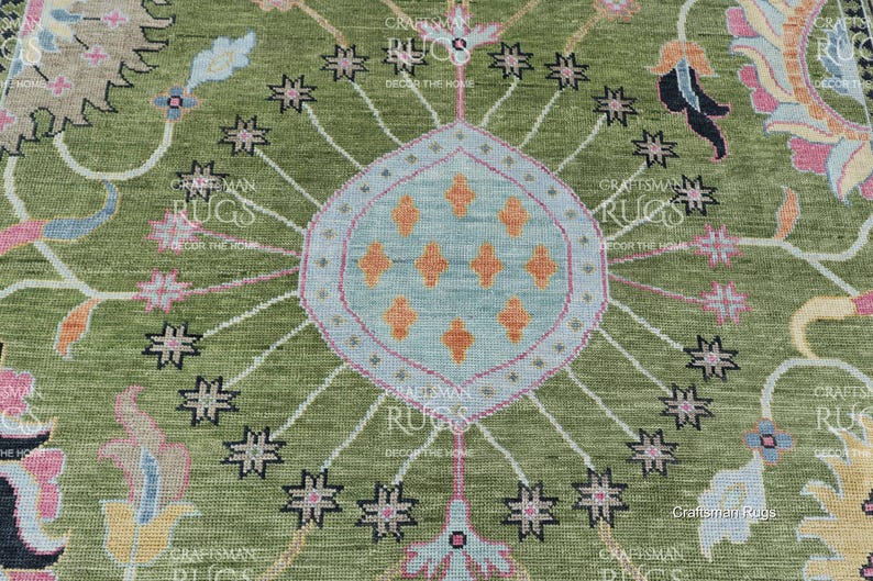 Green Hand-knotted Oushak Rug – Traditional Turkish Style Wool Carpet ...