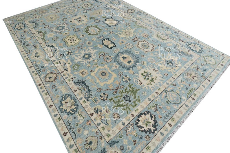 Sky Blue Hand-knotted Oushak Rug – Traditional Turkish Design With ...