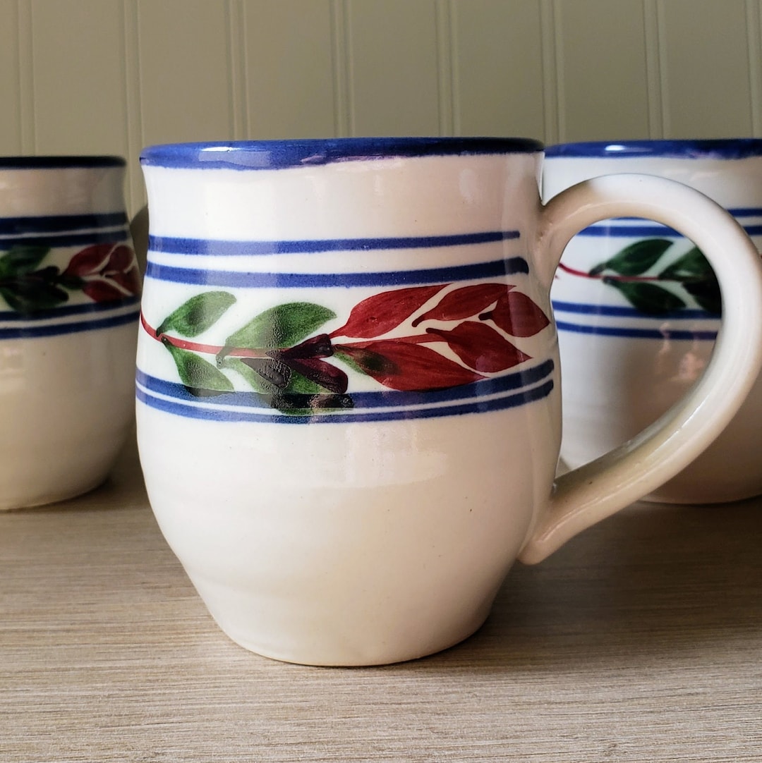 Vintage Set of 4 Hand Painted Potbelly Mugs Green and Red Leaves Blue ...