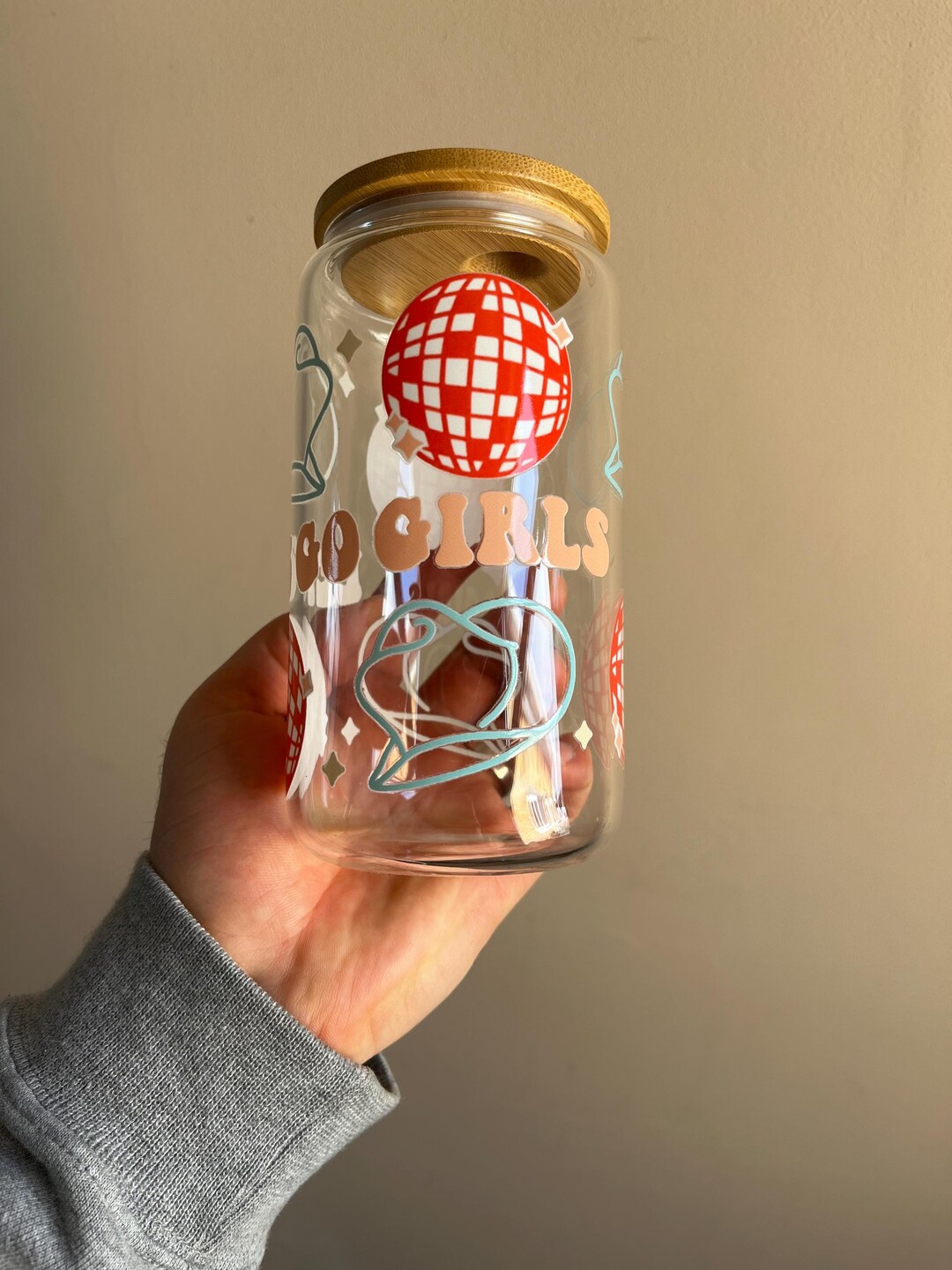 Retro Disco Tumbler With Bamboo Lid & Straw | Glass Party Cup | Groovy ...