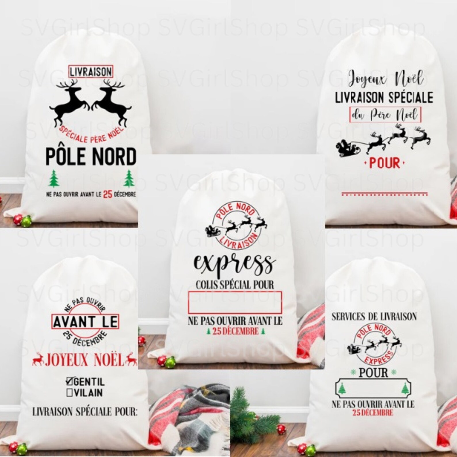 Hotte de Noel Bundle, Sac du Père Noël, Santa Sac, Français SVG ...