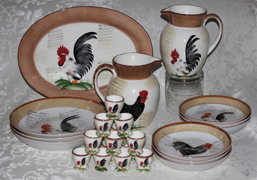 Vintage Rooster Serving Dishes Rooster & Hen Pitchers Platter Serving ...