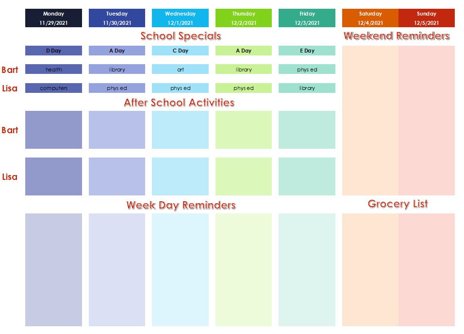 Family Weekly Schedule With School Cycle Days excel - Etsy