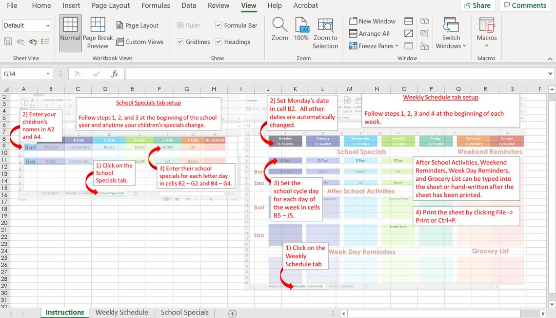 Family Weekly Schedule With School Cycle Days (excel) - Etsy