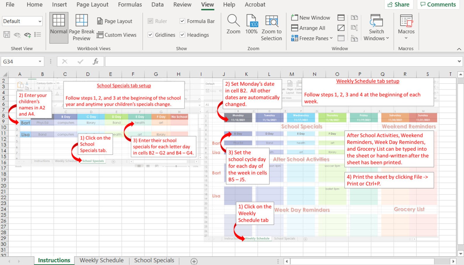 Family Weekly Schedule With School Cycle Days (excel) - Etsy