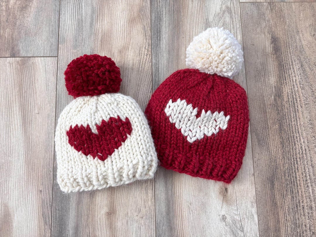 Valentine's Day Red Heart Knitted Hat | Adorable Red or Cream Hat With ...