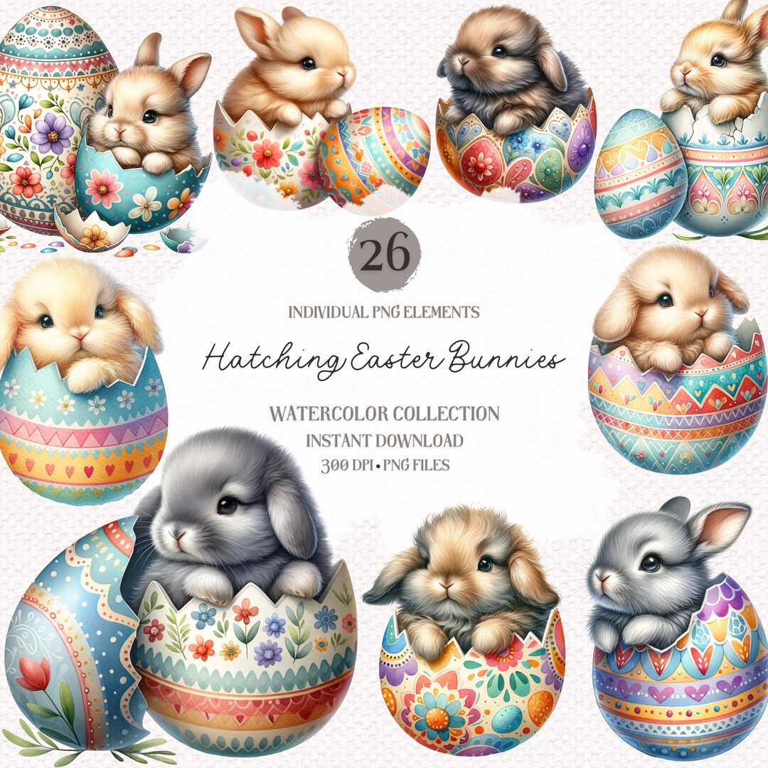 Watercolor Easter Bunny Clipart: Hatching Bunnies PNG Set (digital ...