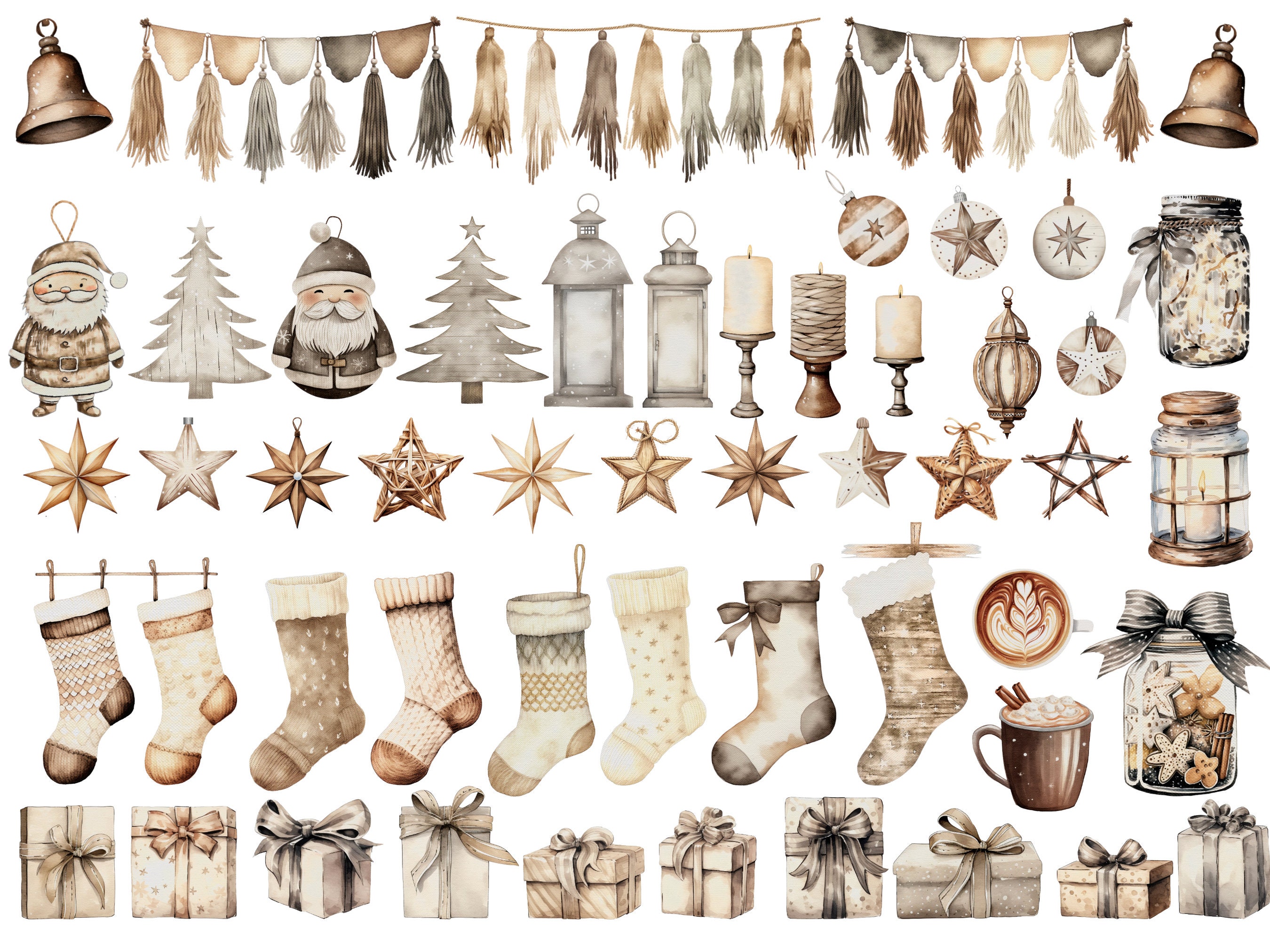 Rustic Christmas Clipart Bundle: Boho Watercolor PNG Graphics (74 ...