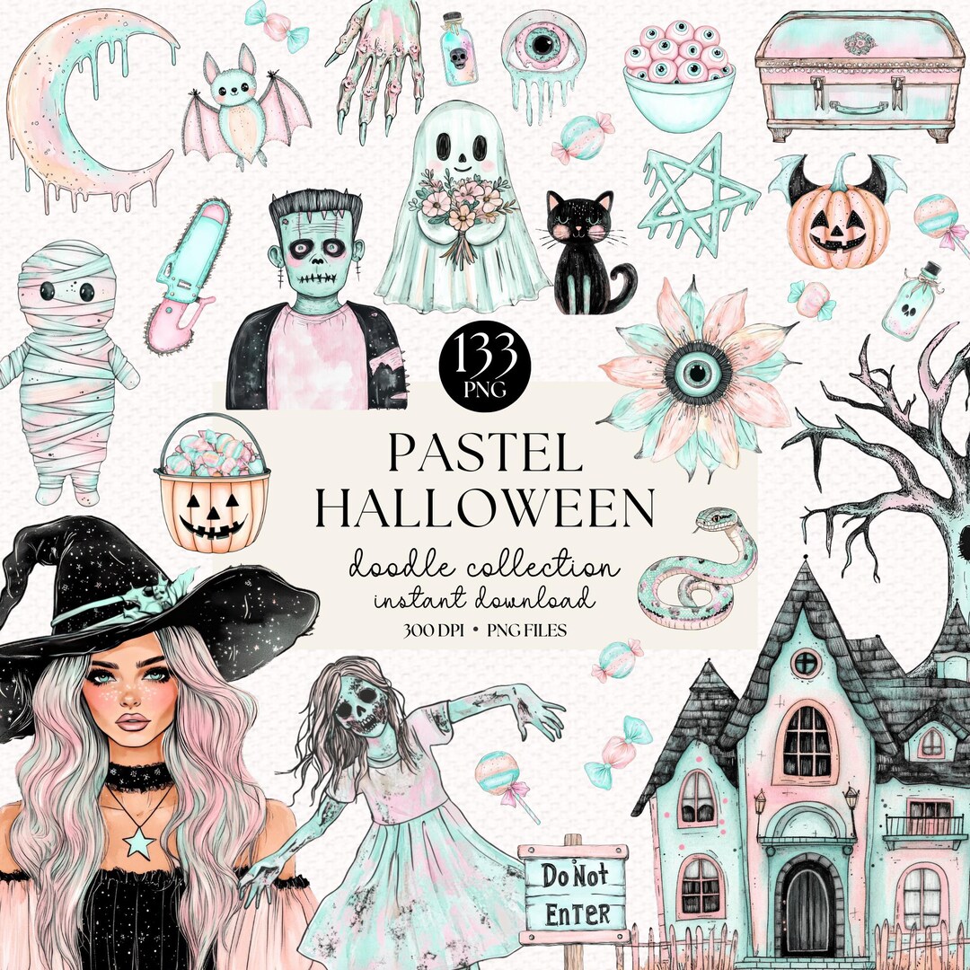 Pastel Halloween Clipart Bundle: Watercolor Spooky Doodles (PNG) - Etsy
