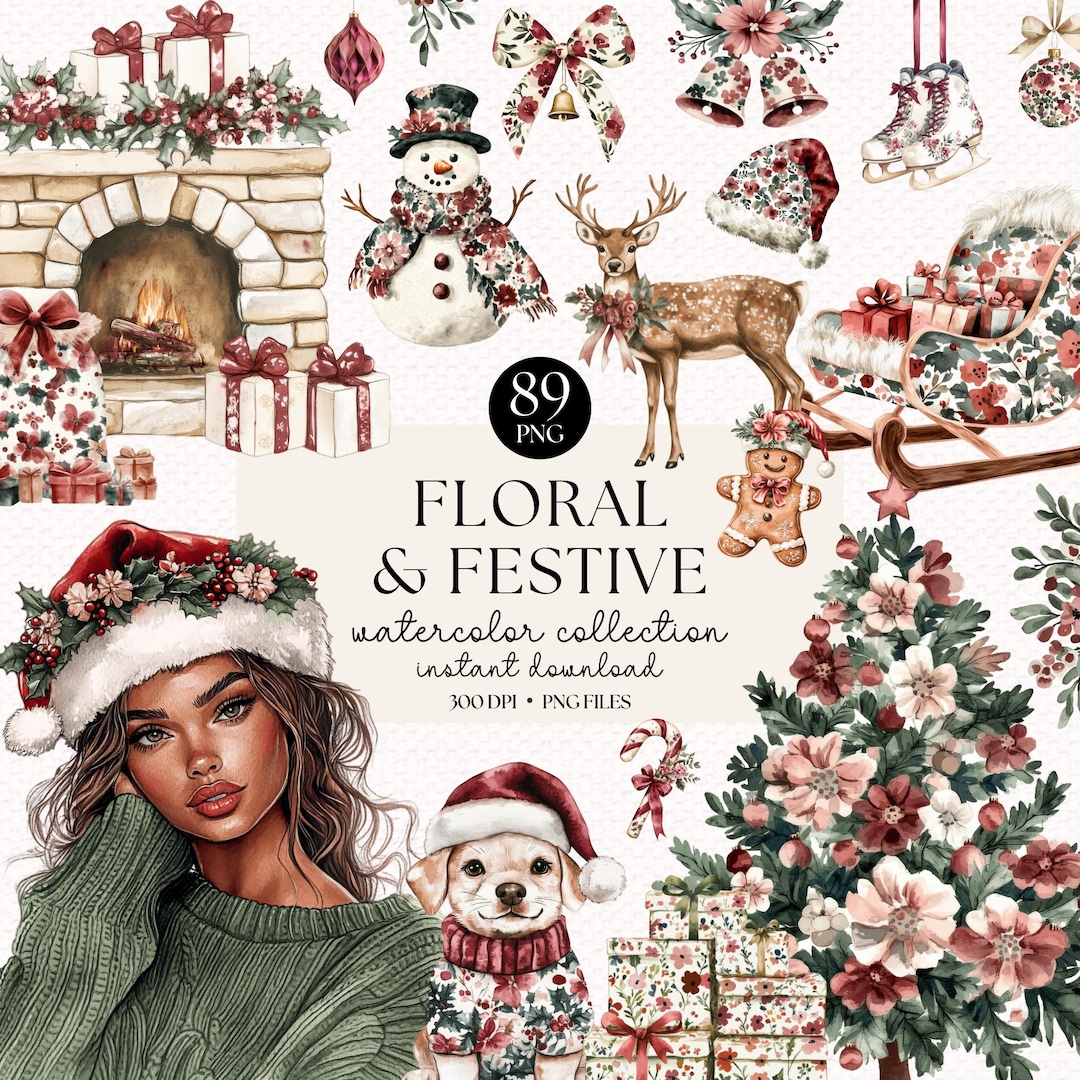 Watercolor Christmas Clipart Bundle: Floral Holiday PNG Graphics (89 ...