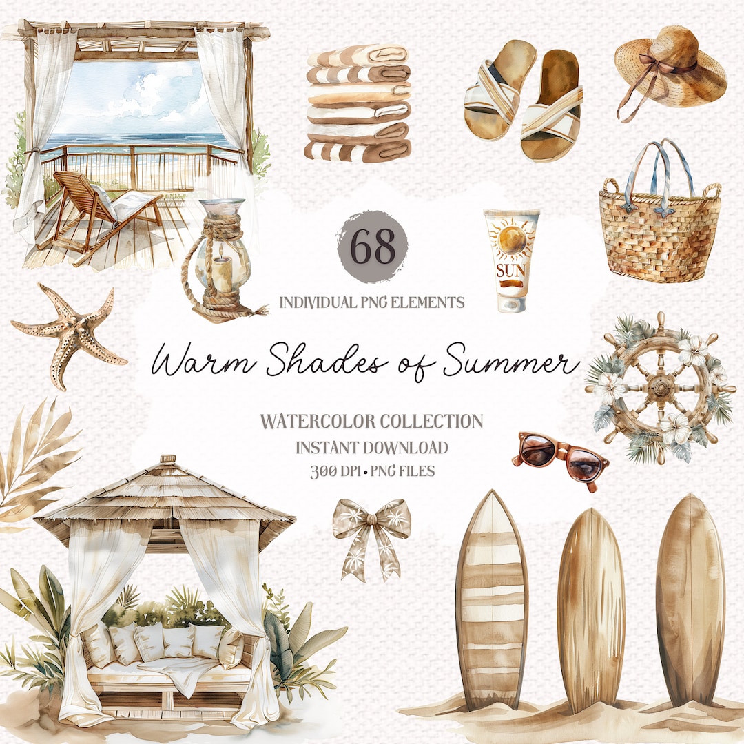 Watercolor Neutral Summer Clipart Bundle - High Quality Pngs, Beach ...