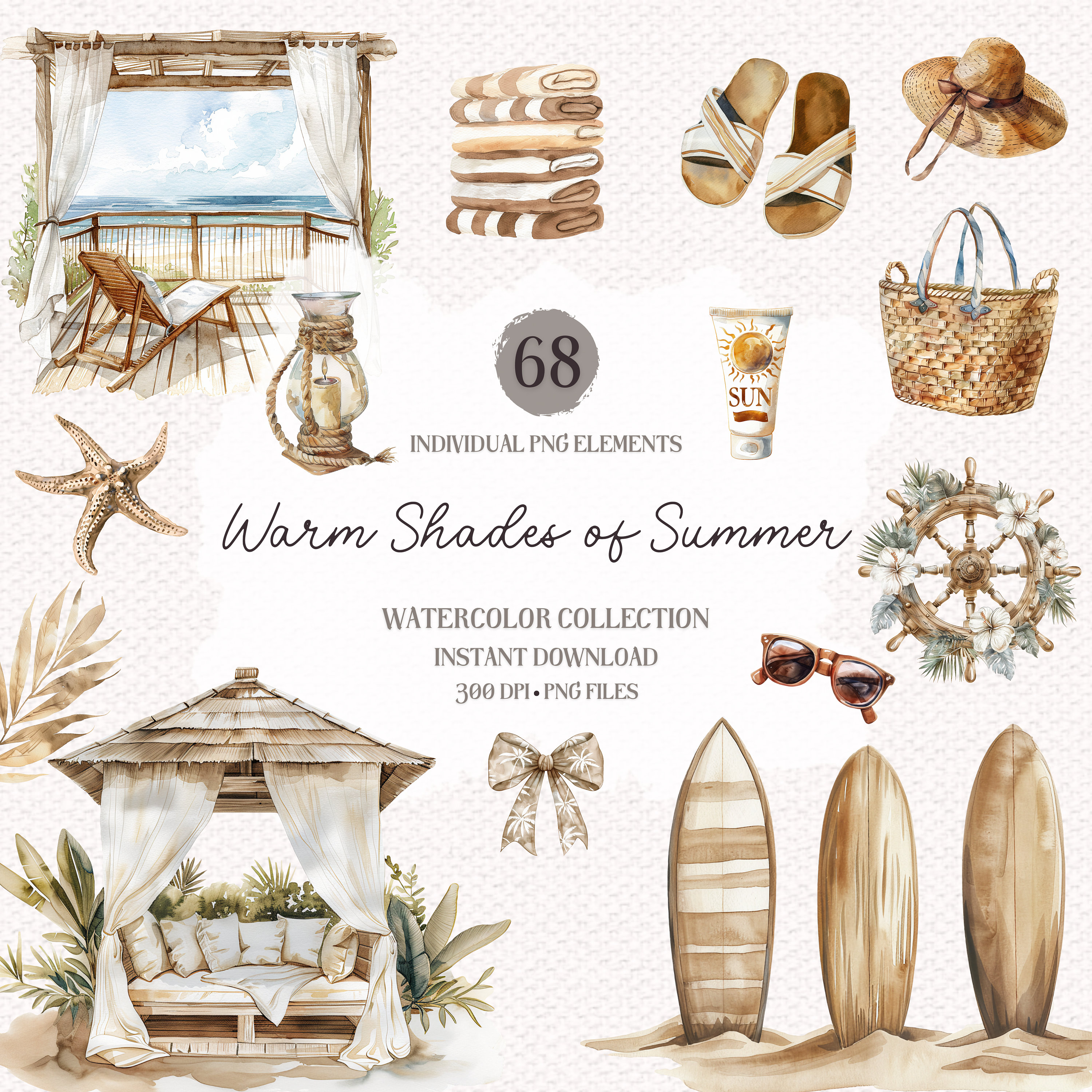 Watercolor Neutral Summer Clipart Bundle - High Quality Pngs, Beach ...