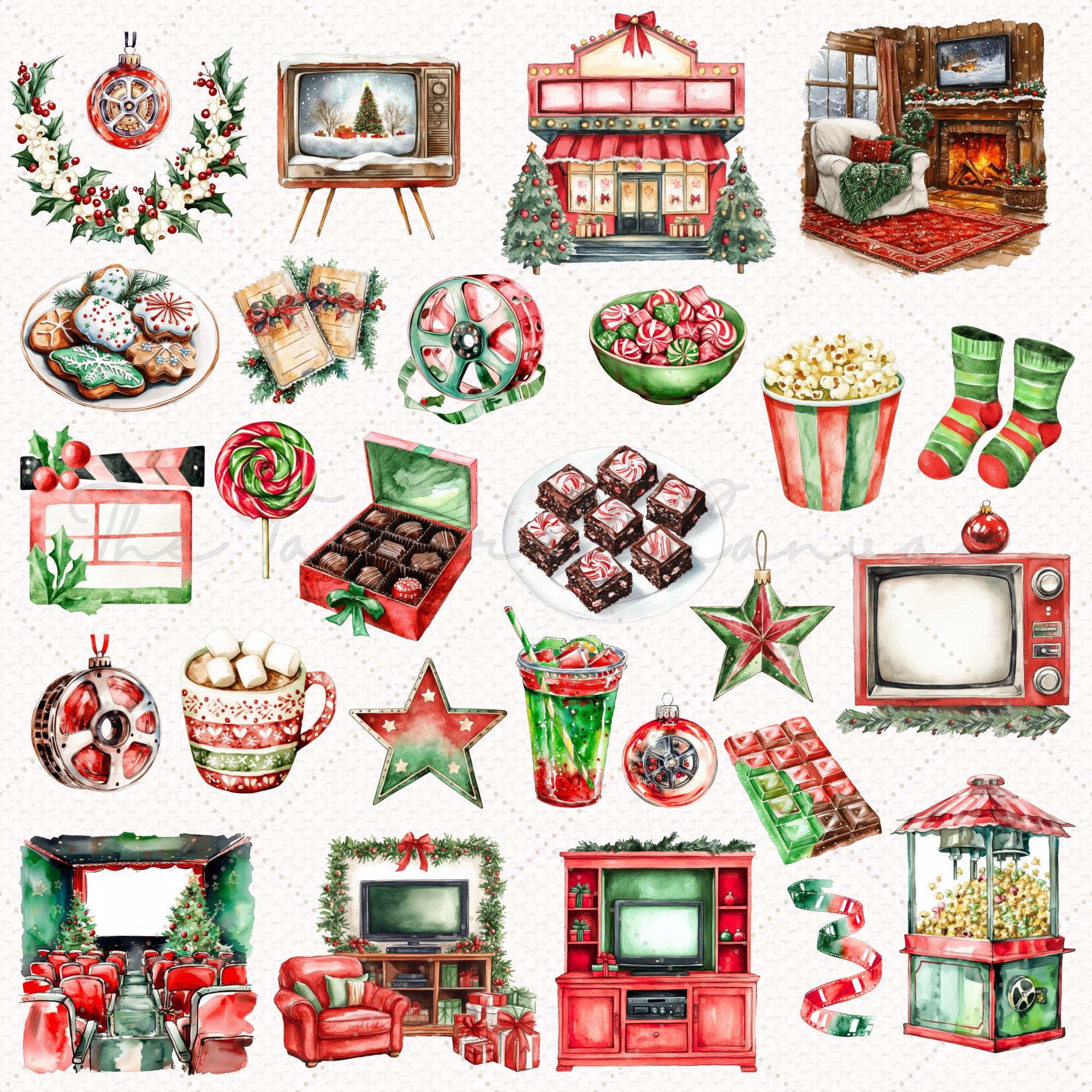 Watercolor Christmas Movie Night Clipart Bundle - Holiday Art, Cozy ...