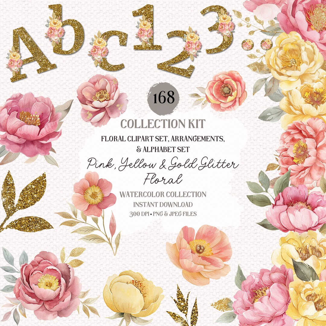 Pink & Gold Glitter Floral Clipart: PNG Alphabet, Spring Watercolor ...
