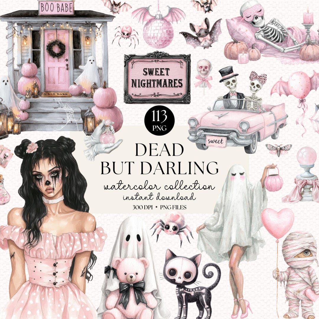 Pink Halloween Clipart Bundle: Gothic Watercolor PNG Set (digital ...