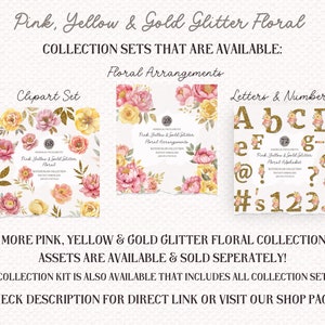 Watercolor Floral Clipart: Pink, Yellow & Gold Glitter (PNG Bundle) - Etsy
