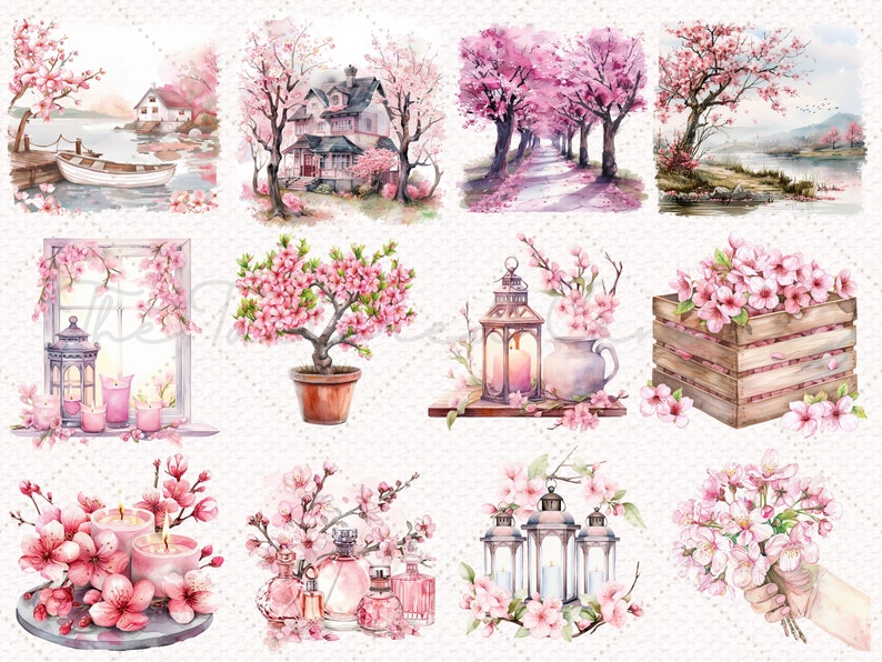 Cherry Blossom Clipart Set Pink Spring Floral Graphics, Sakura Blossoms ...