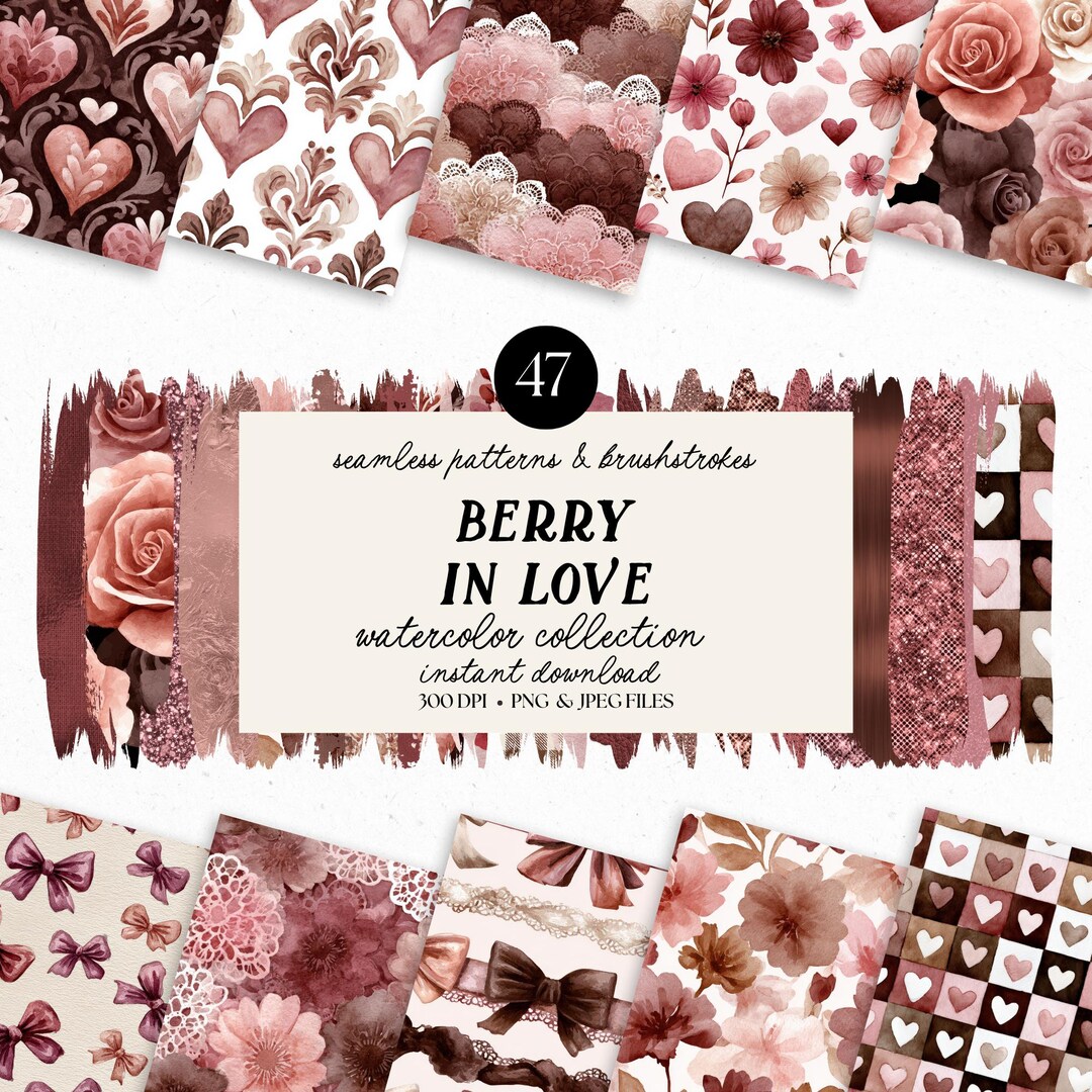 Watercolor Valentine Digital Paper, Berry Hearts Florals Patterns ...
