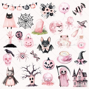 Pink Halloween Clipart Bundle: Spooky Watercolor PNG (digital Download ...