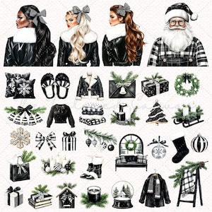 Black and White Christmas Clipart: Watercolor Holiday PNG Elements ...