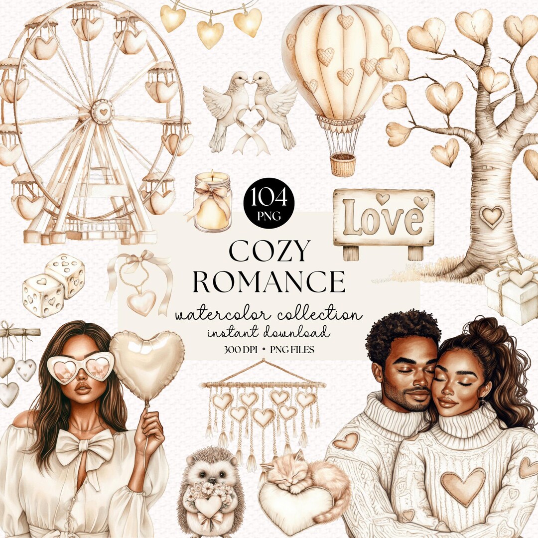 Watercolor Cozy Valentine's Day Clipart Bundle - Romance Art, Neutral ...