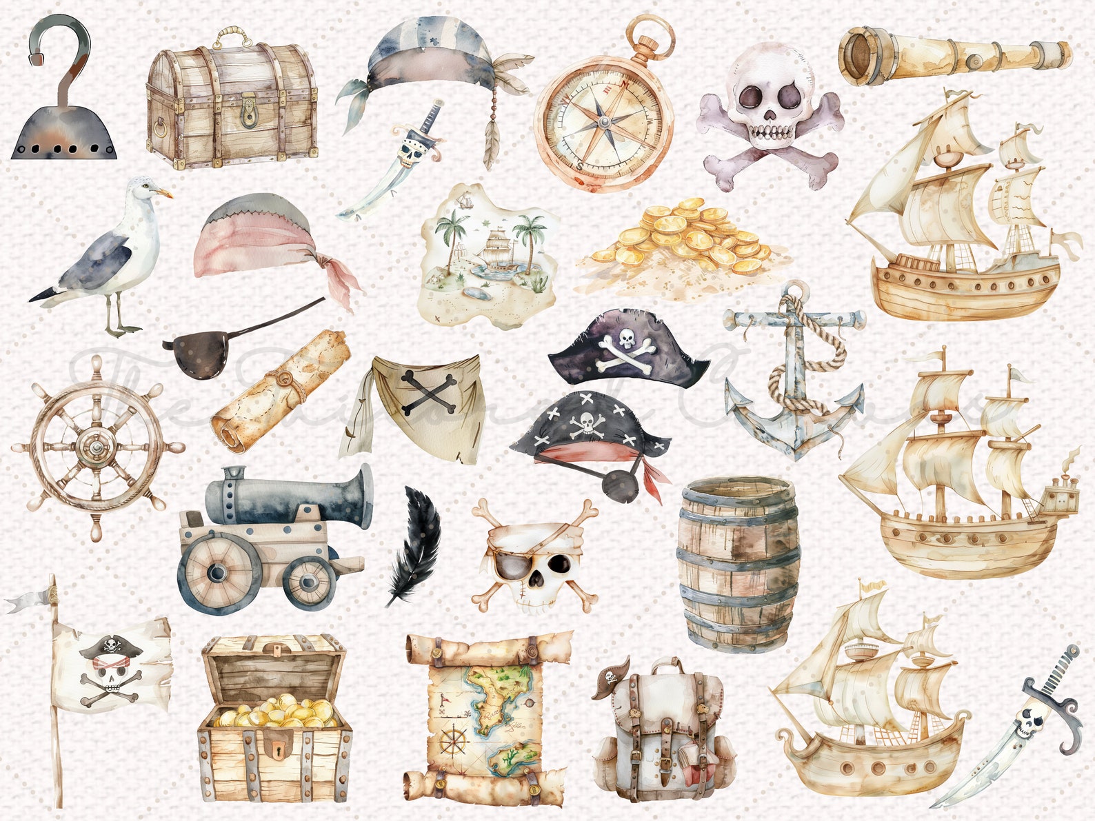 Watercolor Pirate Clipart Set: 70 PNG Elements (digital Download) - Etsy