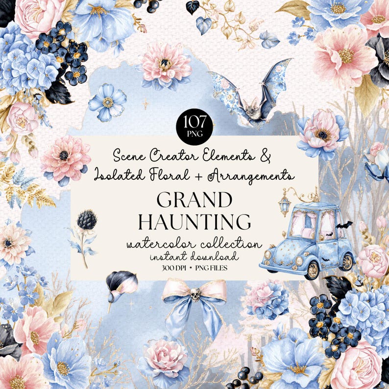 Halloween Watercolor Clipart Bundle: Grandmillennial Floral & Haunted ...