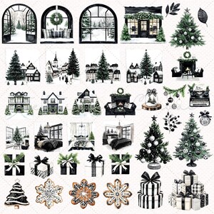 Black and White Christmas Clipart: Watercolor Holiday PNG Elements ...