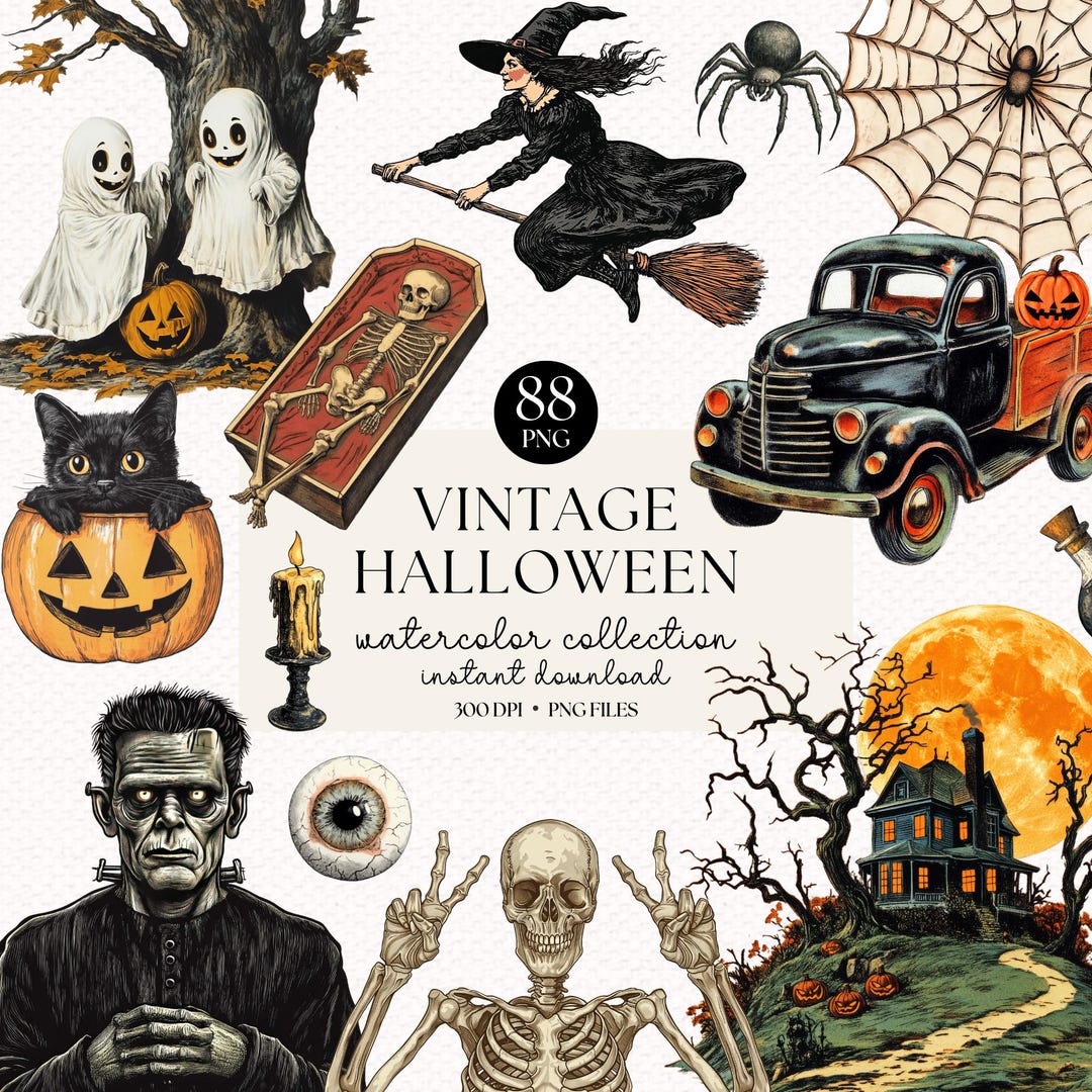 Vintage Halloween Clipart Bundle: 88 Spooky PNG Designs (digital ...