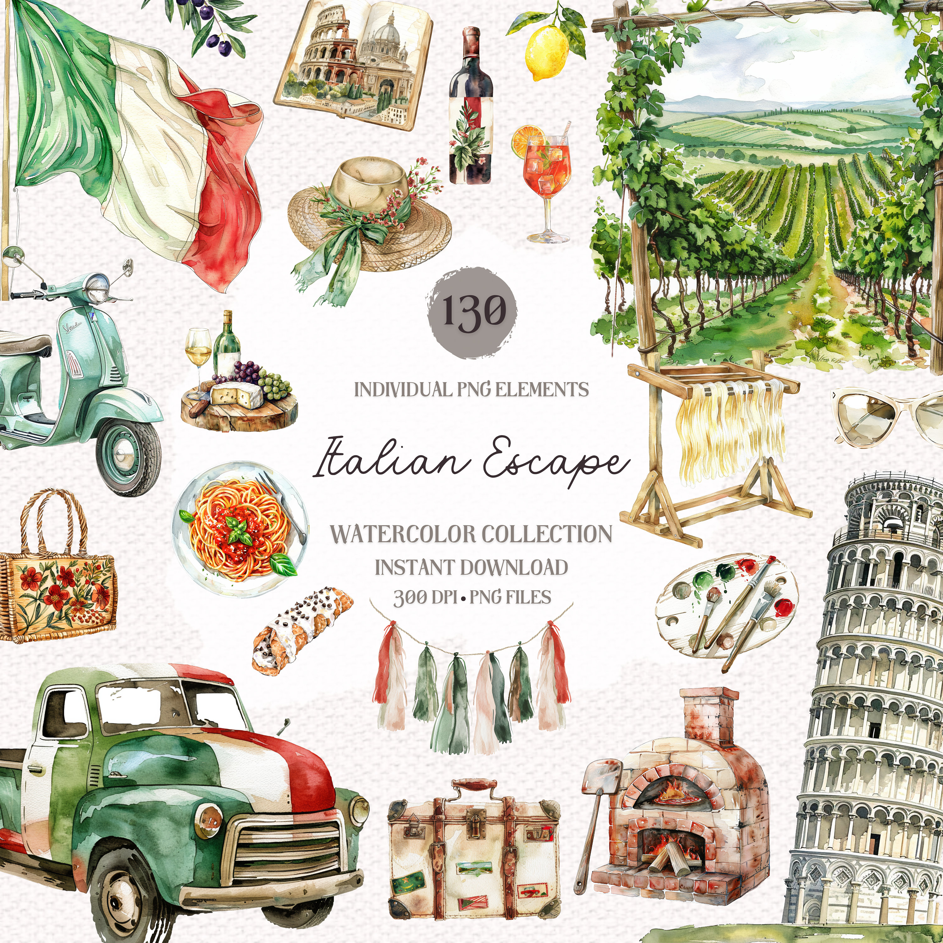Watercolor Italy Clipart Bundle: Italian Summer Graphics (digital ...