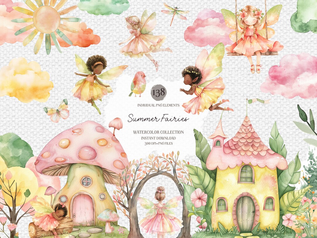 Watercolor Fairy Garden Clipart Bundle - Enchanted Forest, Unicorn Png ...
