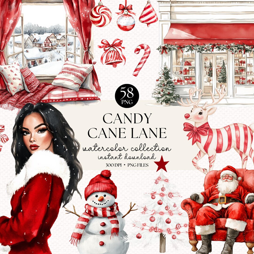 Candy Cane Lane Watercolor Christmas Clipart Bundle (digital Download ...