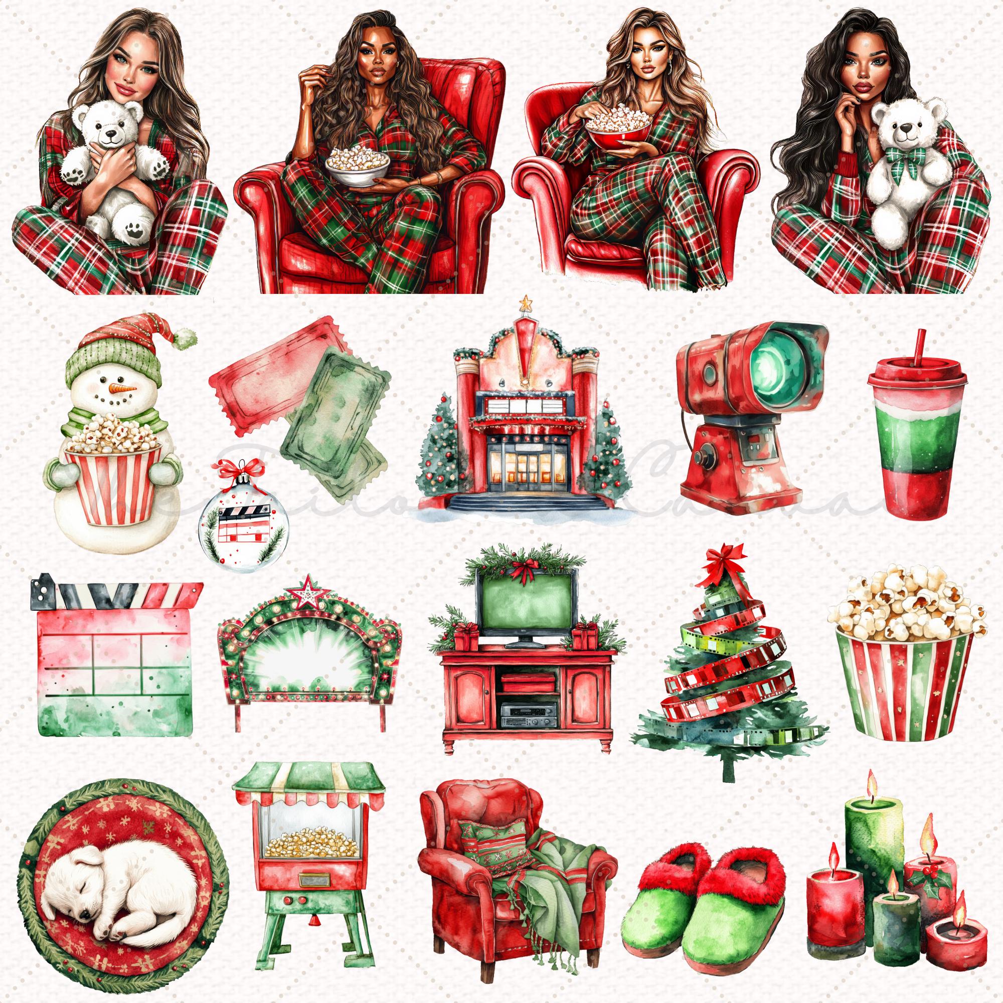 Watercolor Christmas Movie Night Clipart Bundle - Holiday Art, Cozy ...