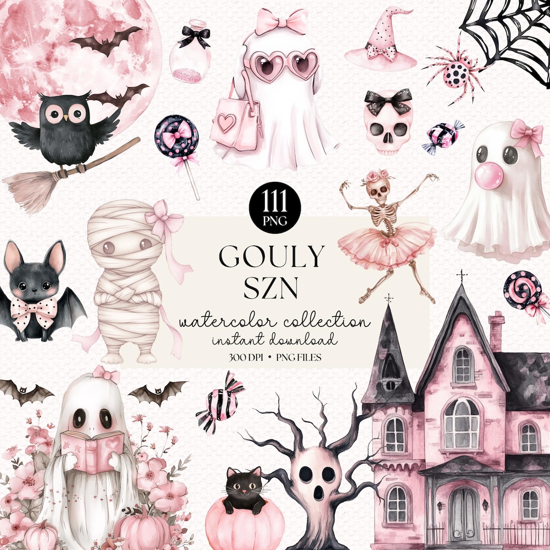 Pink Halloween Clipart Bundle: Spooky Watercolor PNG (digital Download ...