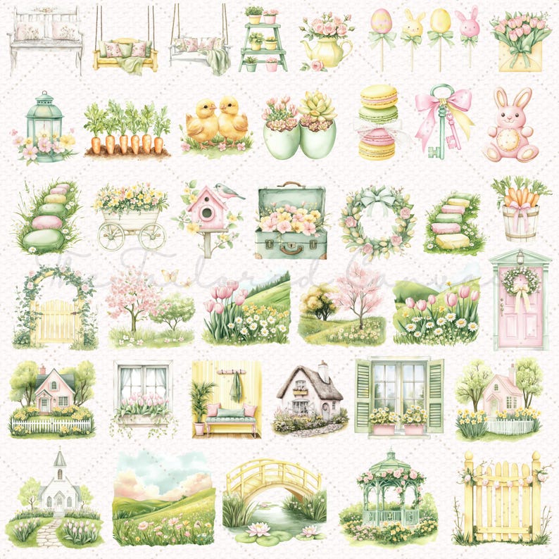 Watercolor Easter Clipart Bundle: Bunny, Chick, Eggs, and Florals (PNG ...