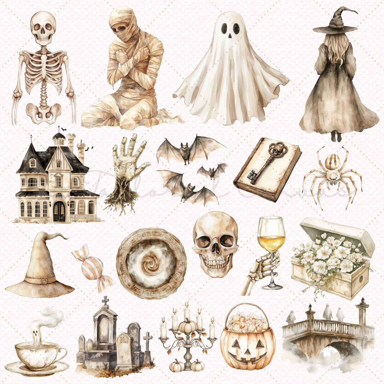Watercolor Neutral Halloween Clipart Bundle - Spooky Illustrations ...