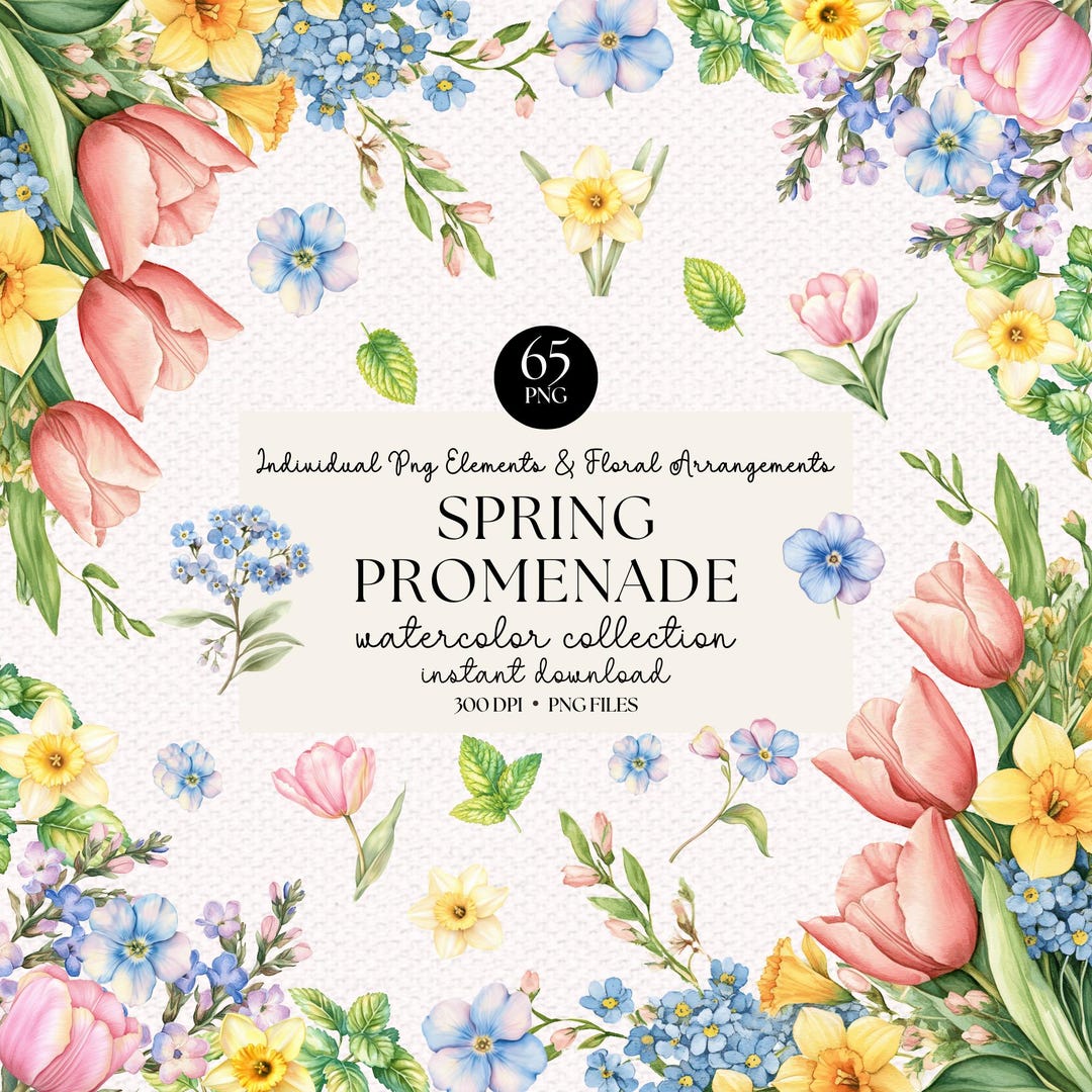 Spring Watercolor Flower Clipart: 65 PNG Floral Elements (digital ...